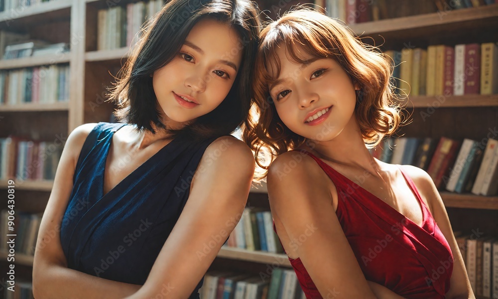 Library duo- Asian women in contrasting tops. KPOP, Japanese idol-style ...