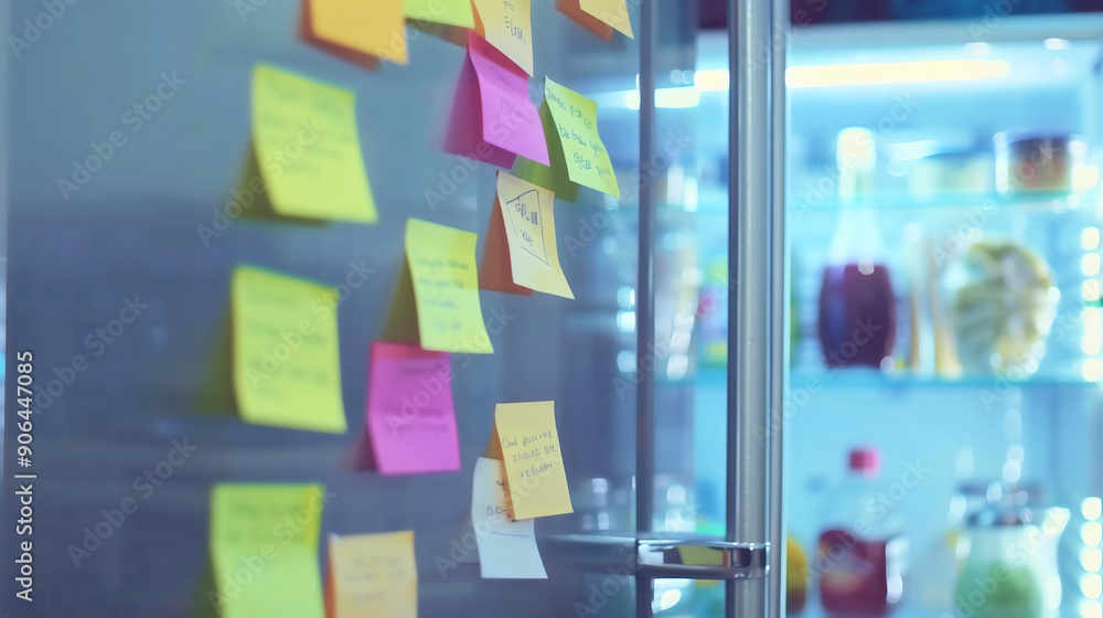 Sticky notes attached to a door of fridge or refrigerator in the ...