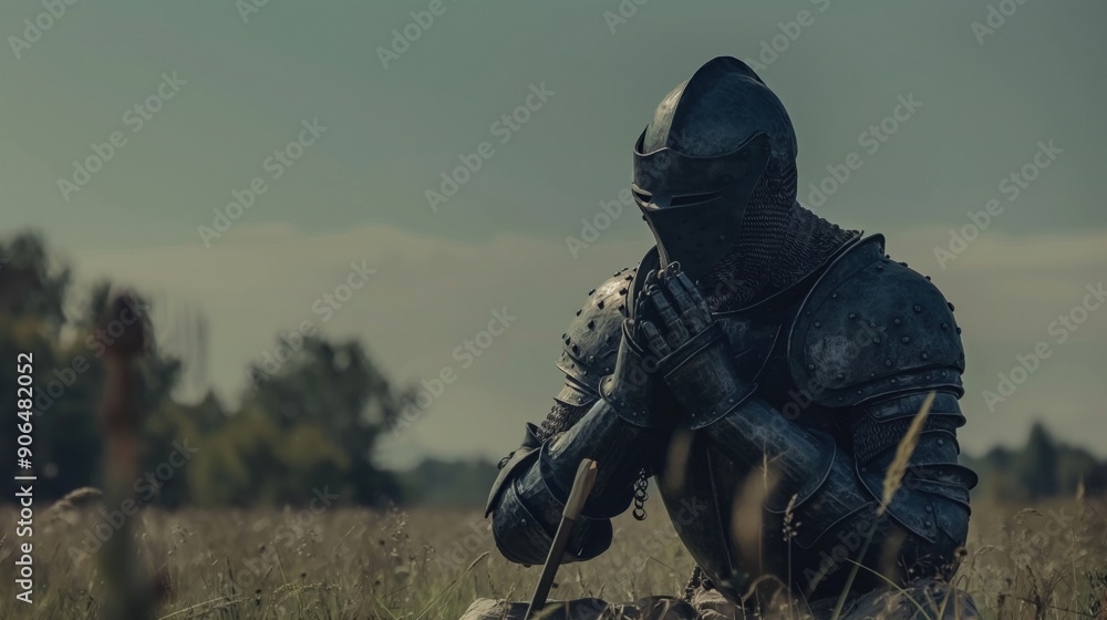 Knight kneeling in prayer before a battle, with a solemn expression ...