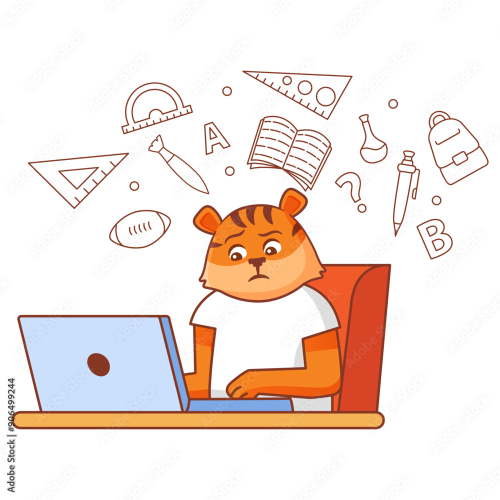 Online education , training and courses.Animal tiger doing homework on ...