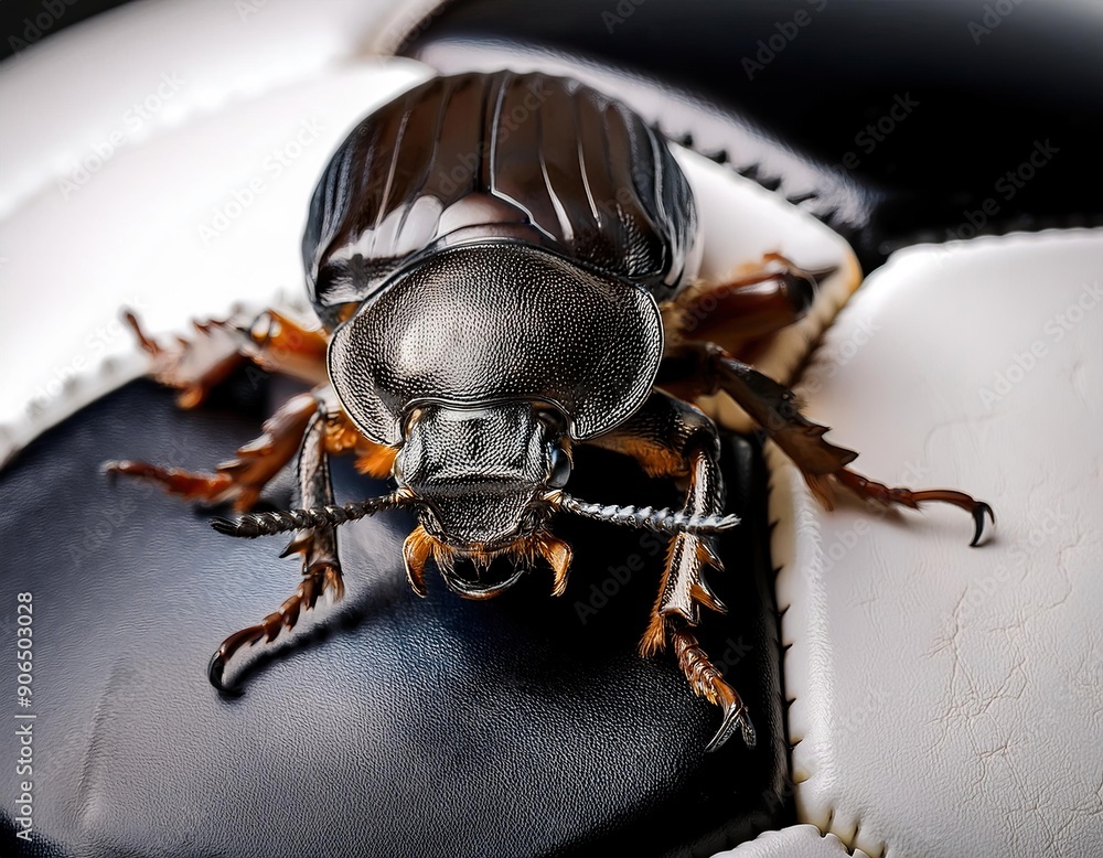 Black beetle with brown legs is standing on a black and white soccer ...