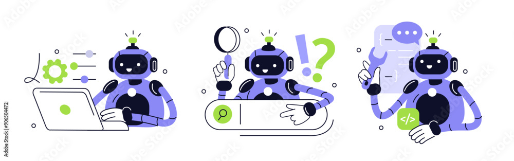 Robot character uses automation marketing tools, answer questions ...