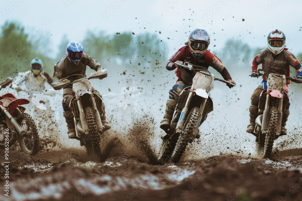 Four motocross riders in helmets and gear race through muddy terrain ...