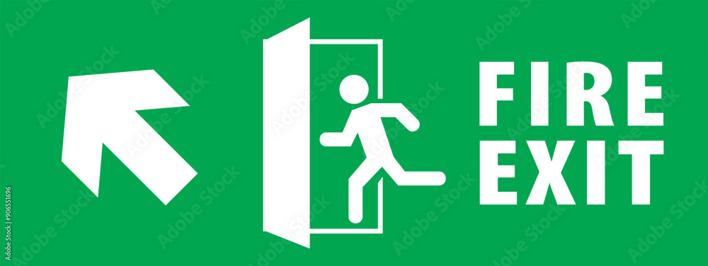 Emergency fire exit sign, running man icon to door, red color, arrow ...