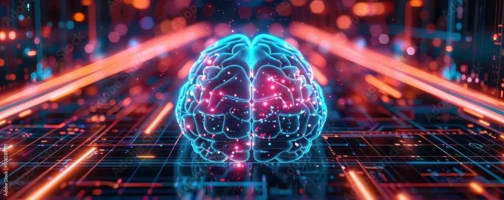 Futuristic 3D brain hologram, top view, vibrant neon lights, futuristic ...