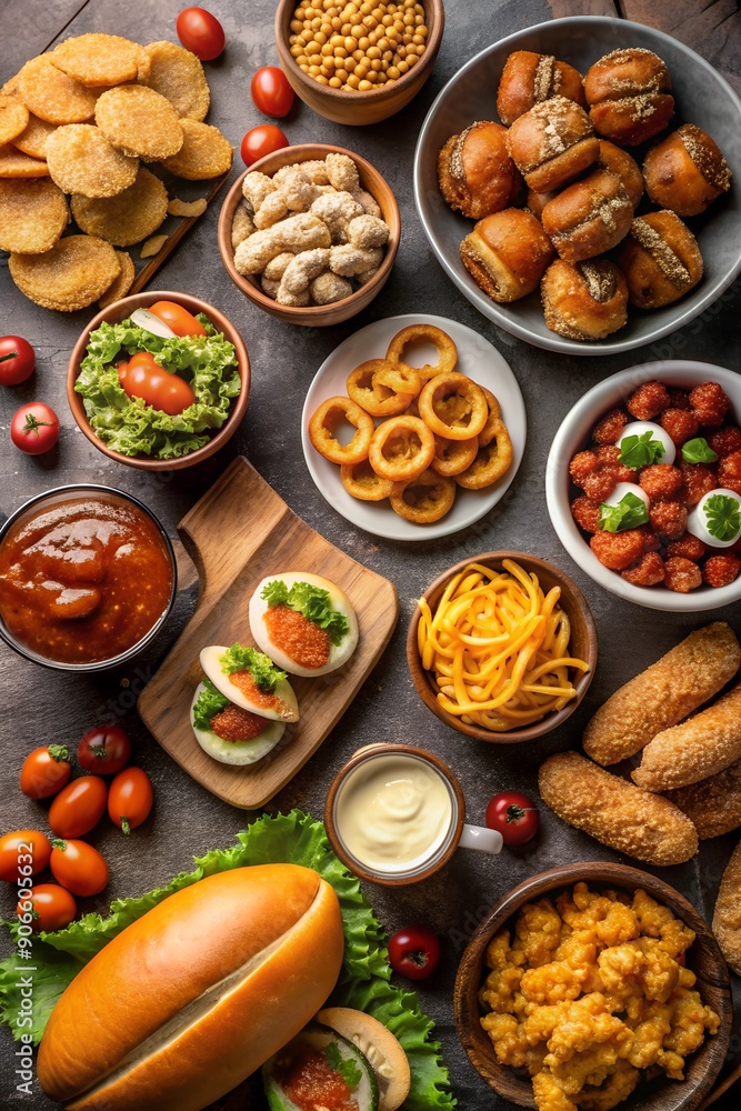 Selection of party food for watching football championship on a dark ...