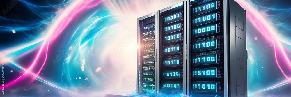 Futuristic background image of rack server with blinking lights in supercomputer, abstract data ...