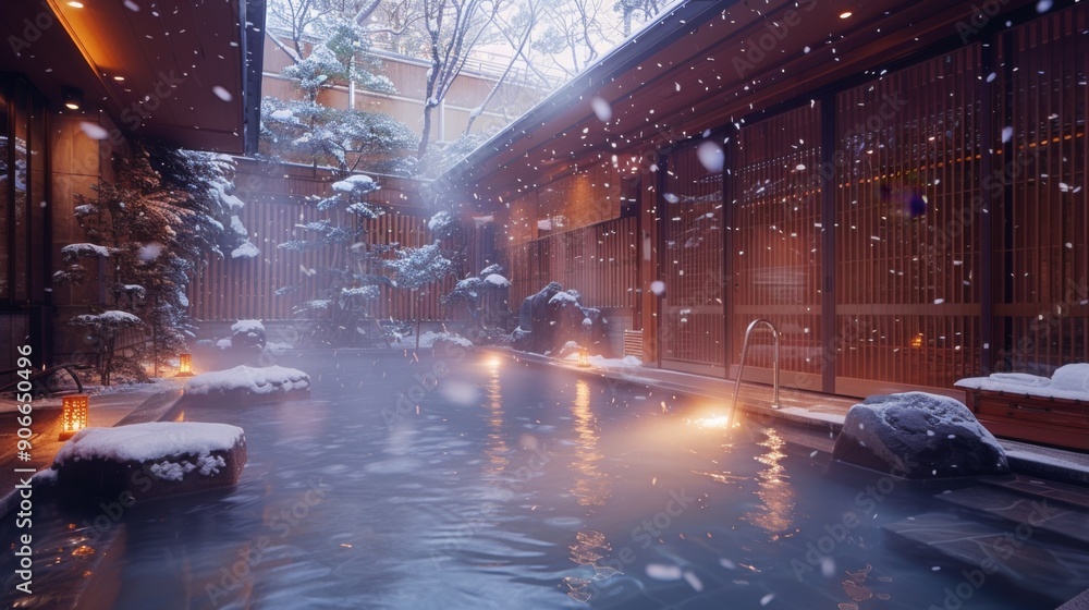 Japan. Capture sensory details of winter onsen experience, from the contrast between hot waters ...
