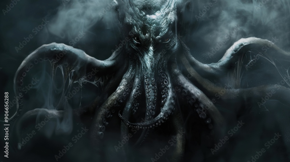 Dark, eerie depiction of a tentacled eldritch creature emerging from ...