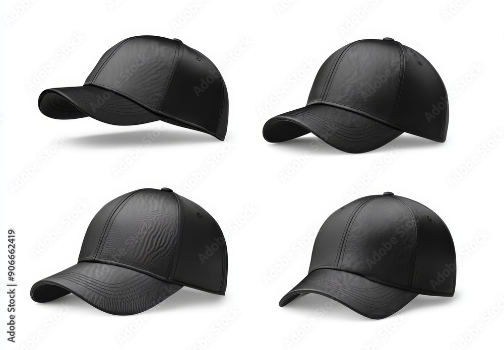 The black baseball cap is shown from four different angles. A mockup of ...