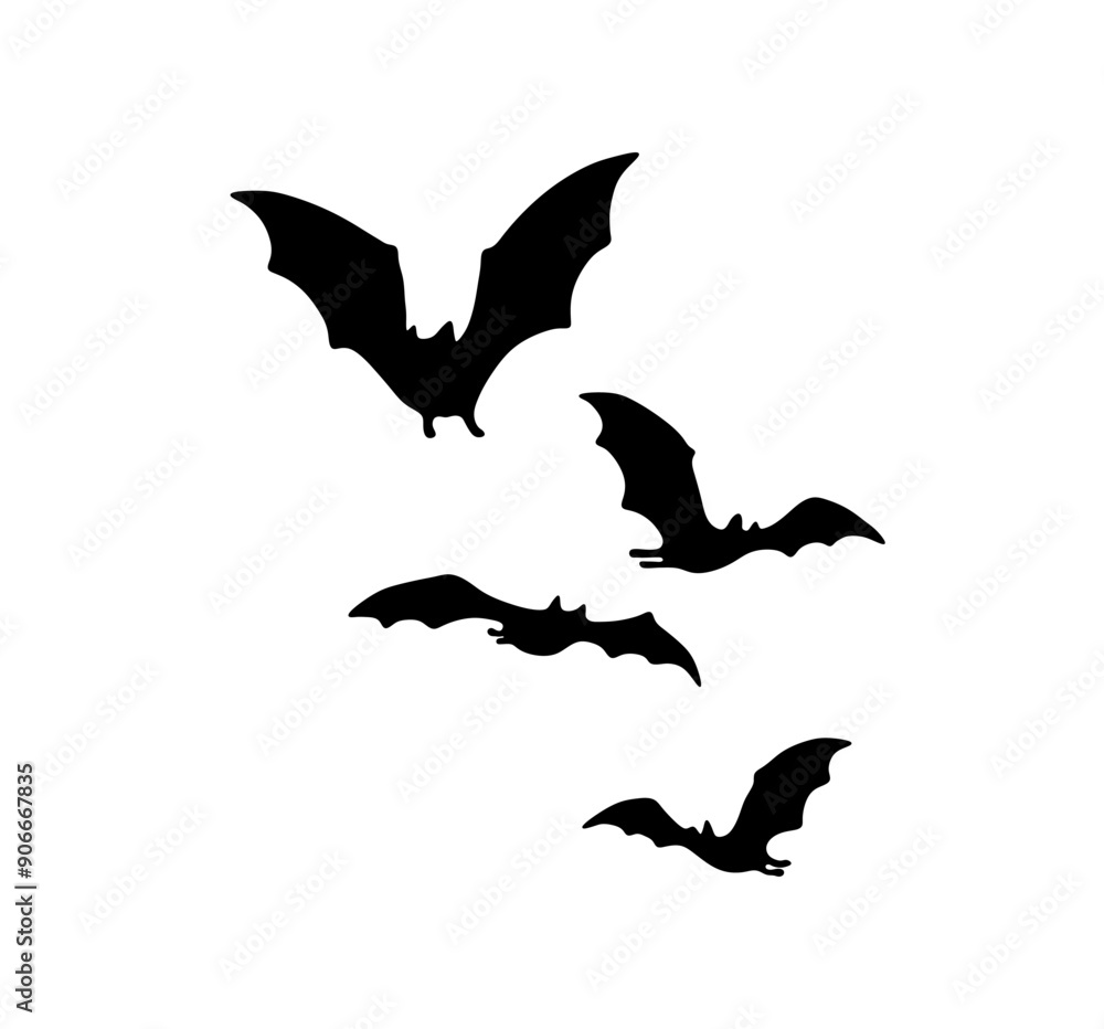 Vector isolated several flying bats in different poses colorless black ...