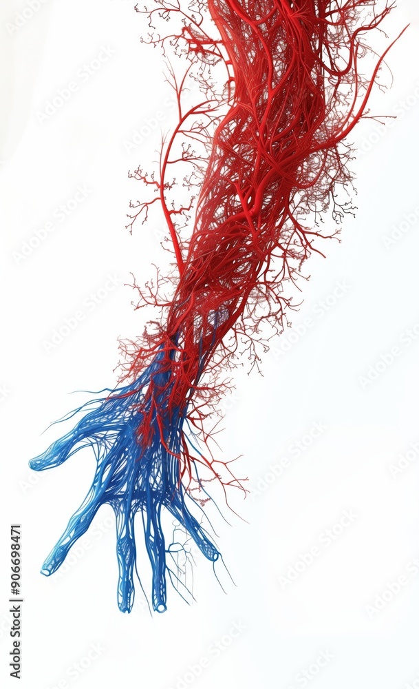 Human nervous system capillaries and vessels red and blue, blood flow ...