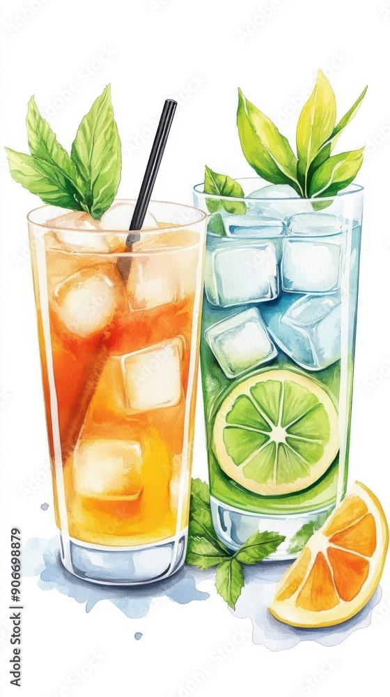 Colorful cartoon cocktails with ice and fruit in a refreshing tropical ...