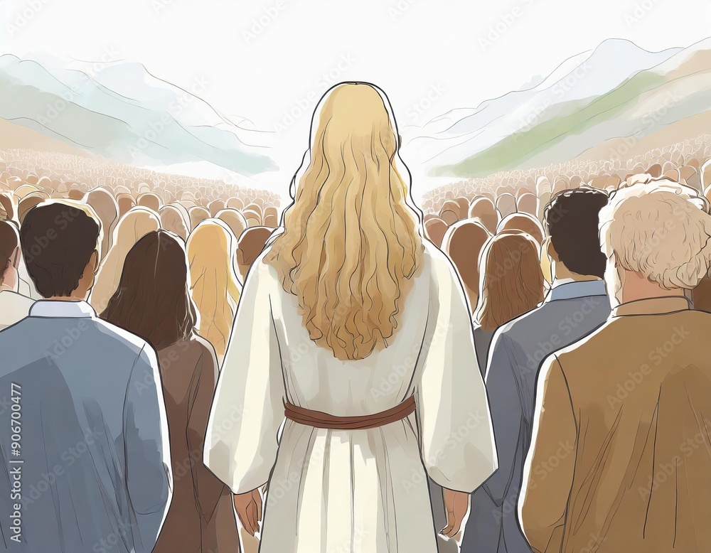 Jesus Christ in a crowd from behind; simple illustration of a biblical ...