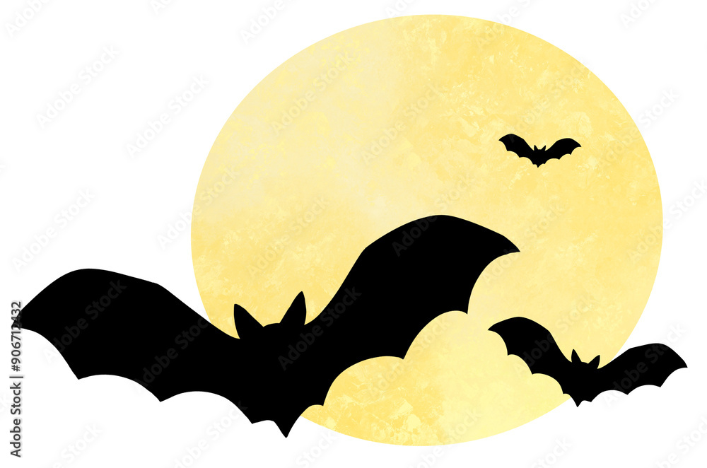 clipart illustration of a group of bats flying The background is a ...