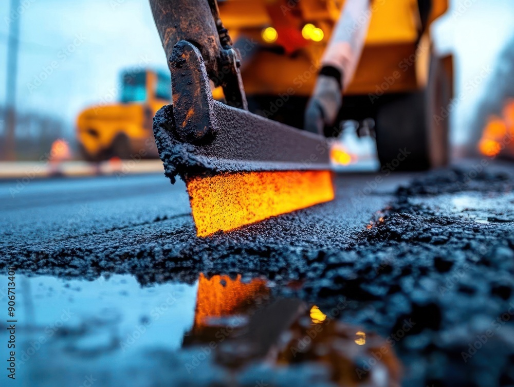 Close-up of a paving machine laying asphalt on a road, highlighting the ...