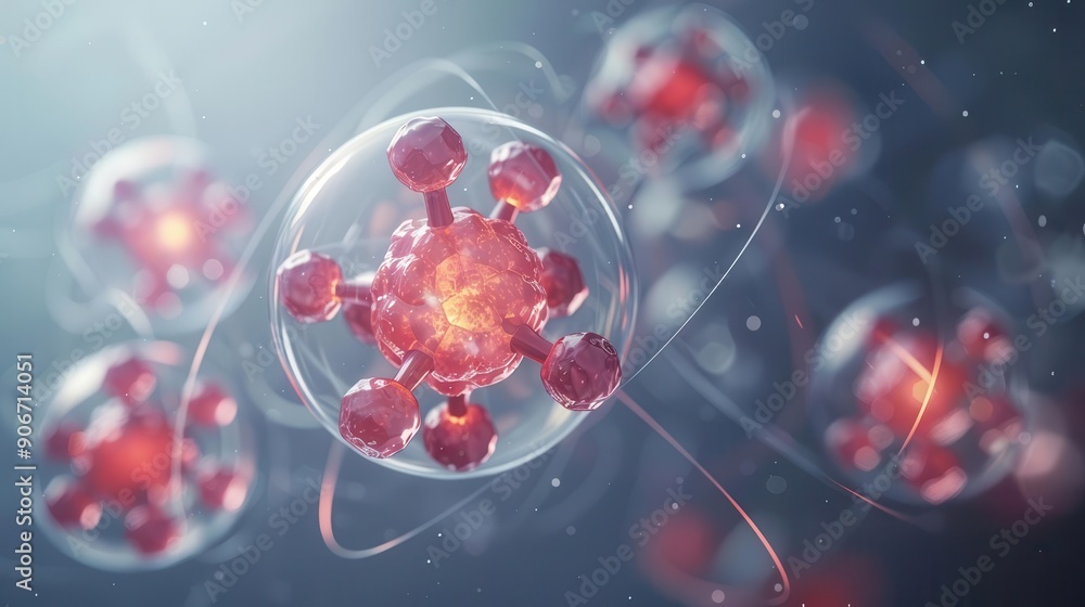 Nucleus with protons, atomic particles, side view, core stability and ...