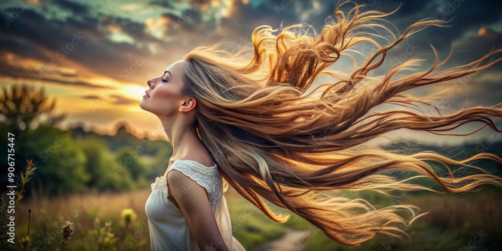 Whimsical flowing locks of long hair swirl in the air, captured in a ...