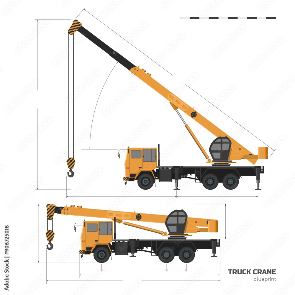 Truck crane industrial blueprint. Hydraulic machine drawing. Isolated ...
