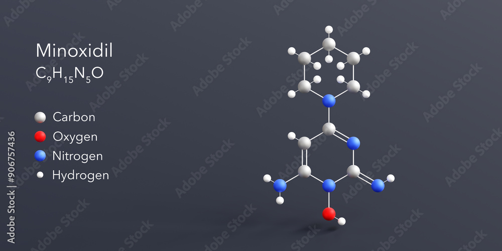 Minoxidil Molecule 3d Rendering Flat Molecular Structure With Chemical Formula And Atoms Color