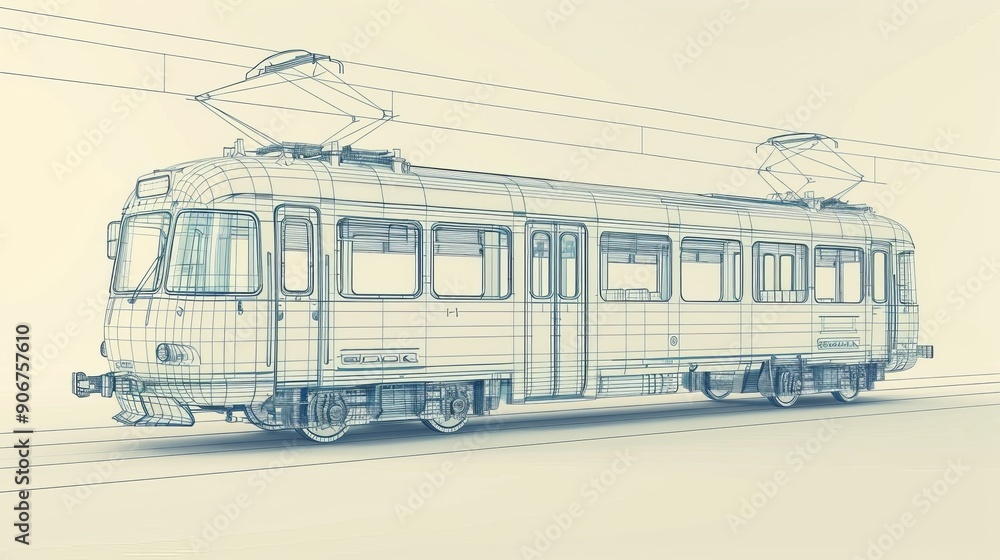 A stylized, wireframe depiction of a modern electric train. The image ...