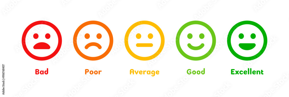 Bad, poor, average, good, excellent smile rating. Emotion levels on ...