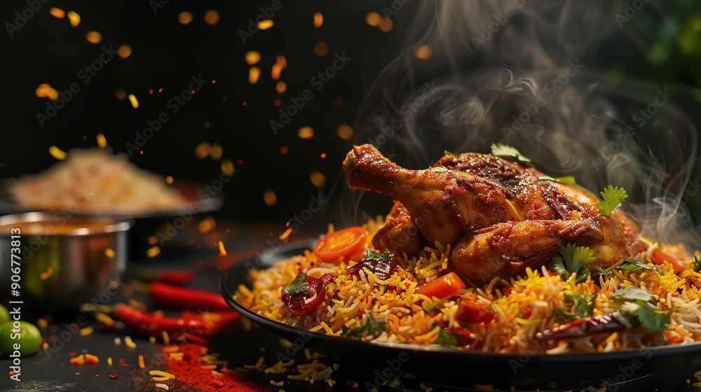chicken biryani, Spicy chicken biryani food photography, flying food ...