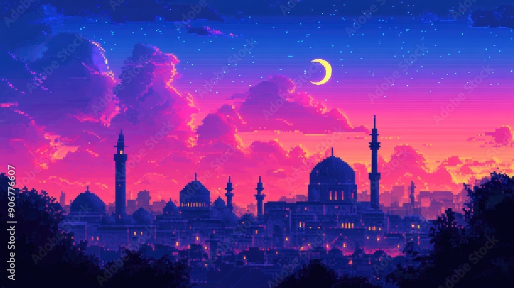 An Arabian city in pixel art at sunset, featuring Islamic architecture ...