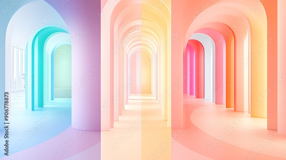 a hallway with bright pink walls - a series of arched hallways with a gradient of pastel colors ...
