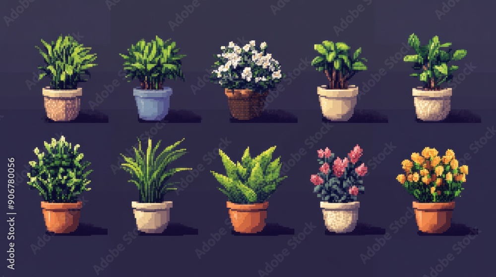 Collection of potted plants in pixel art, perfect for retro-themed ...