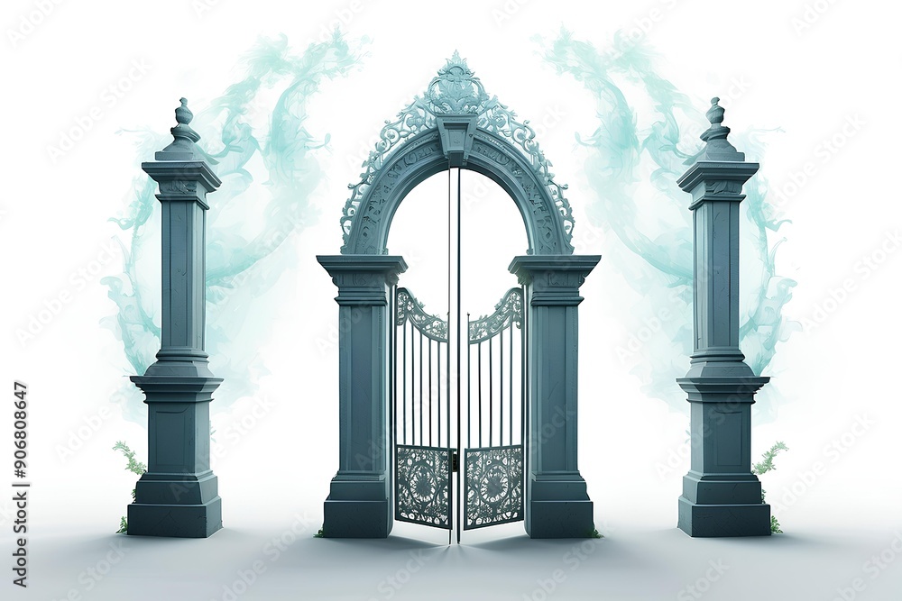 majestic entrance gate with intricate architectural details, shrouded ...