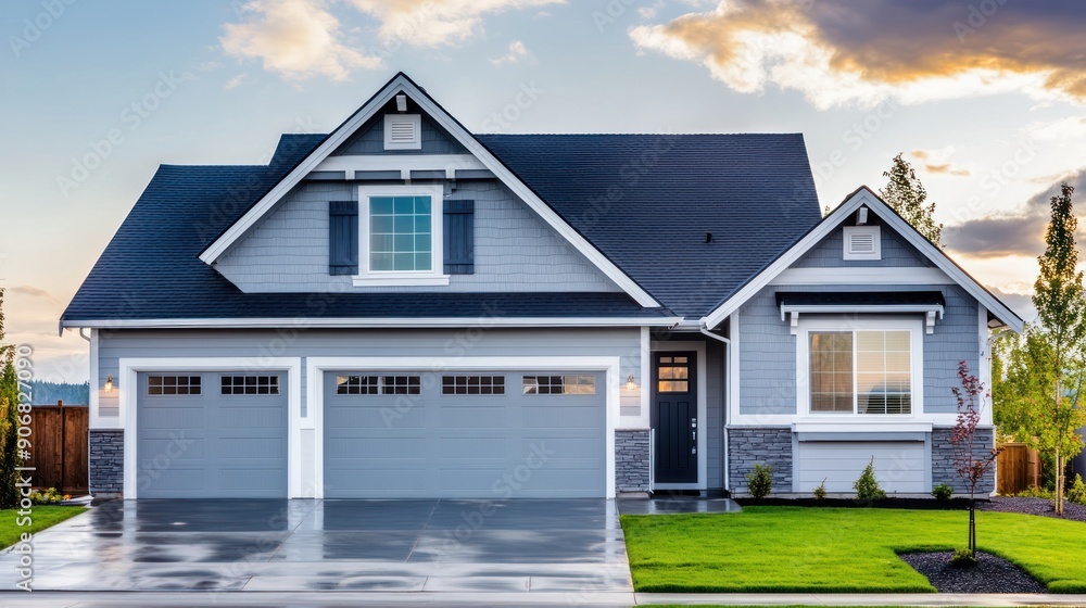 Modern minimalist house exterior design with car garage background ...