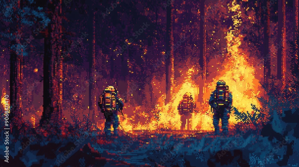 Space forest fire scene in pixel art, featuring galaxy firefighters ...