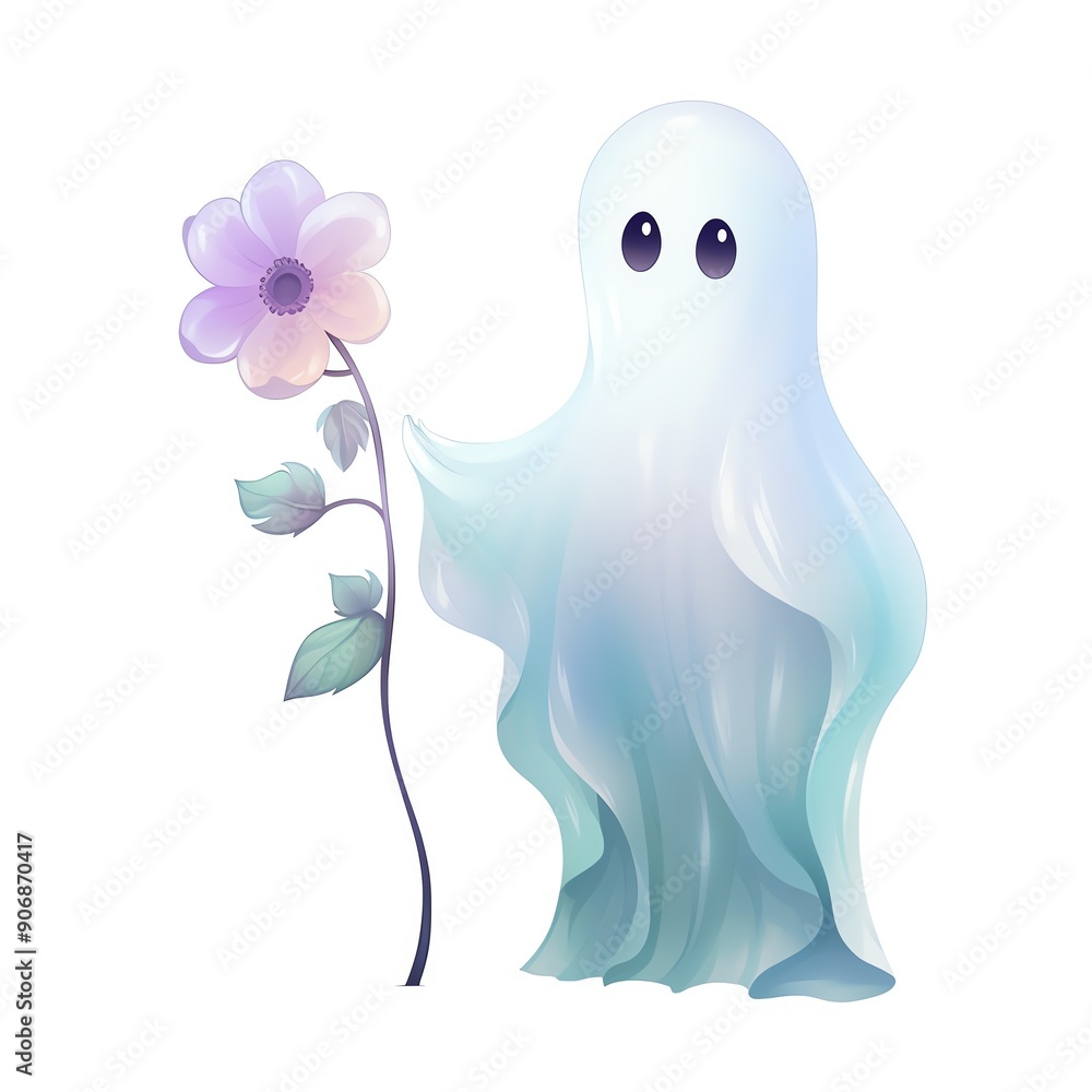 Cute cartoon ghost admiring a pastel-colored flower with a soft ...