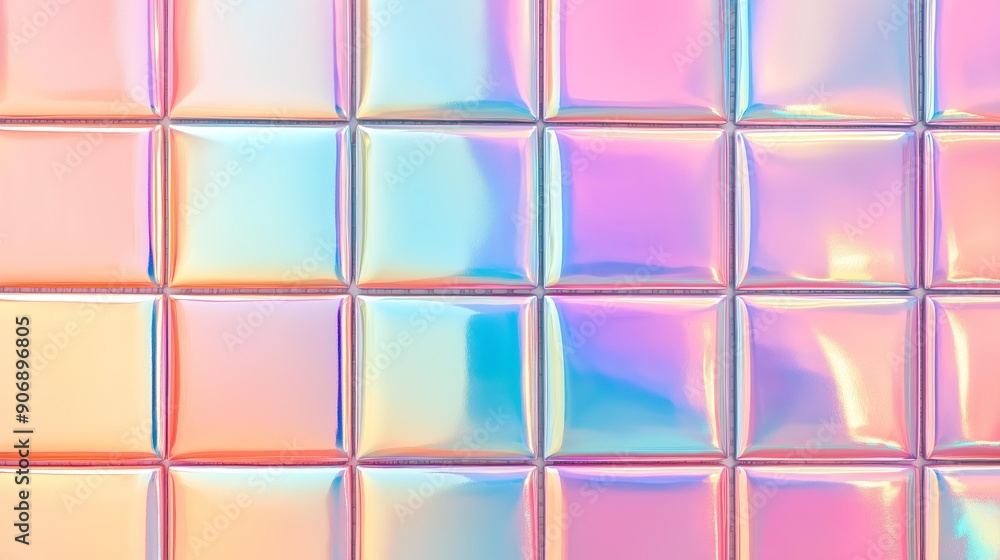 grid of iridescent tiles reflecting a spectrum of colors, Each tile ...
