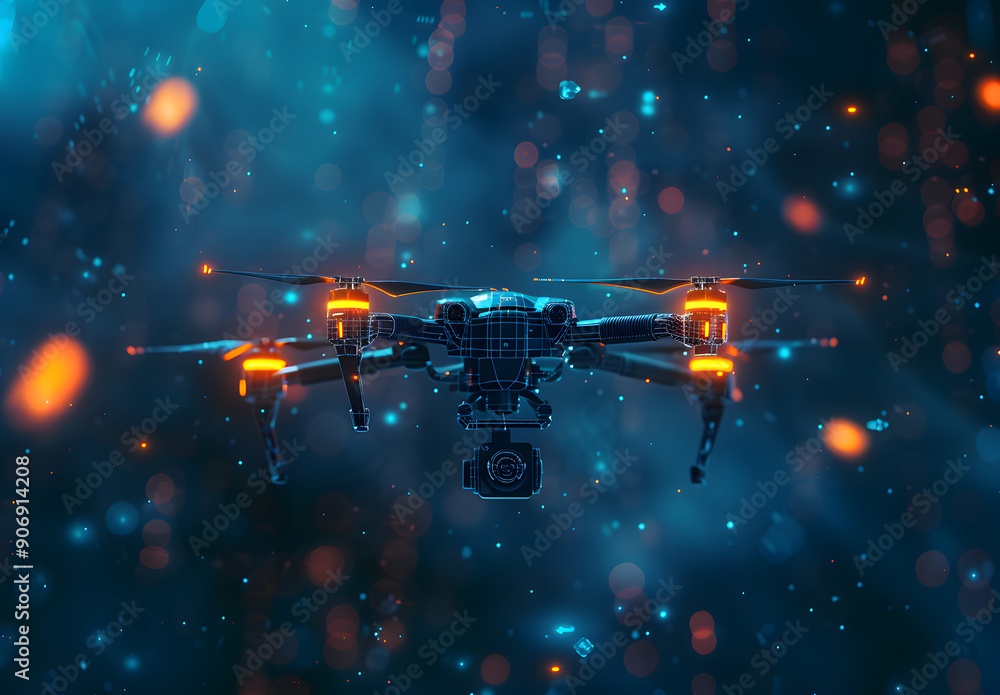 smart blue digital hologram drone with a camera, AI in aerial ...