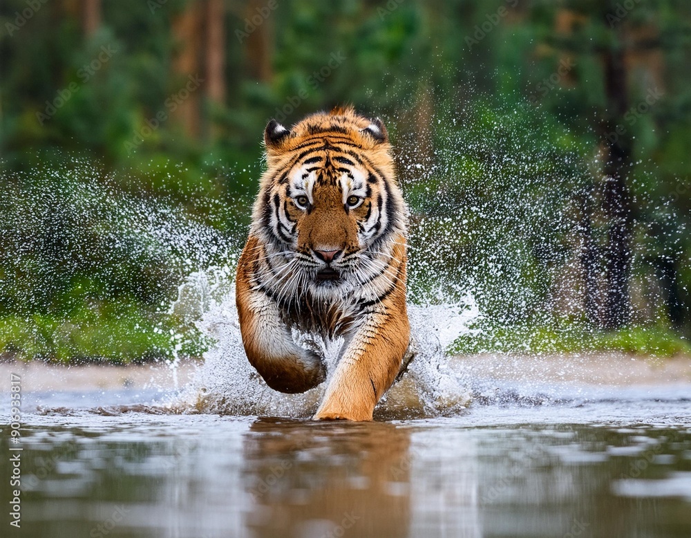 Siberian tiger, Panthera tigris altaica, low angle photo in direct view ...