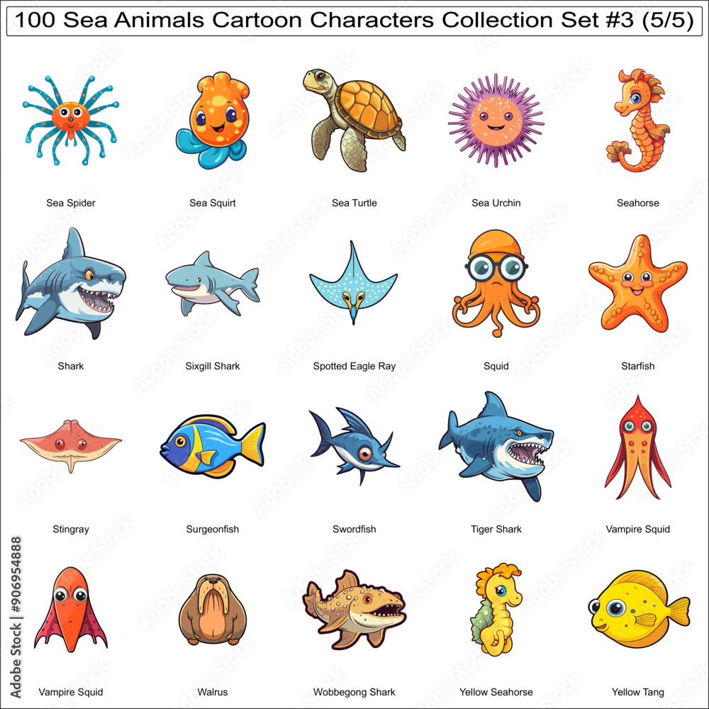 Cute Sea Animals Cartoon Characters Bundle Collection Set of 100 Sea ...