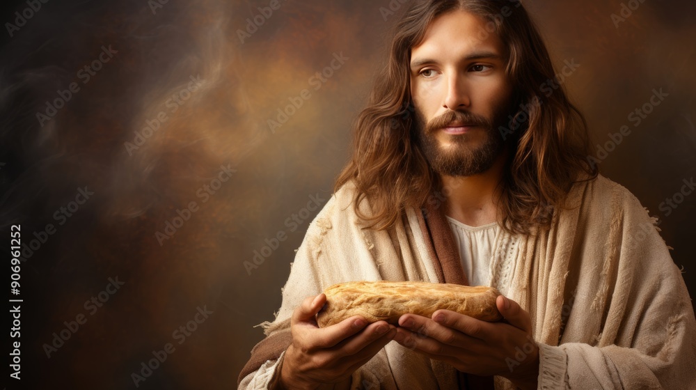Jesus holding bread, symbolizing holy communion, in misty background ...