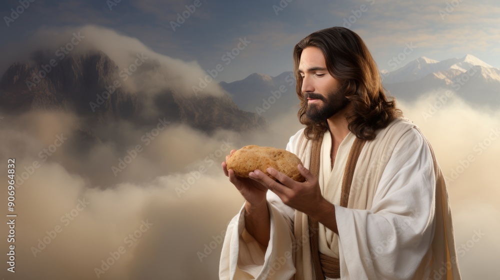 Jesus holding bread, symbolizing holy communion, in a mystical misty ...