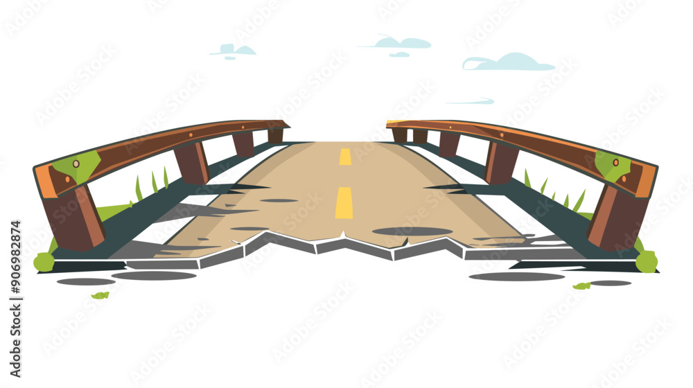Cartoon style broken bridge, wooden structure, damaged road, isolated ...