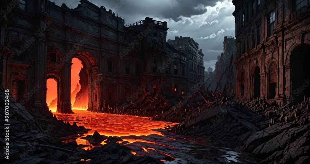 post apocalyptic city buildings drowning in lava during post apocalypse ...