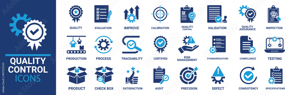 Quality control icon set. Containing inspection, evaluation, product ...