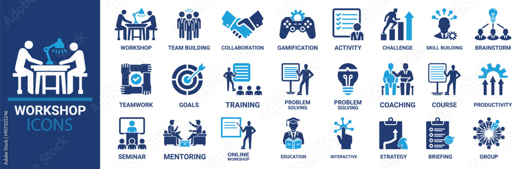 Vetor Workshop icon set. Containing team building, collaboration, teamwork, coaching, problem ...