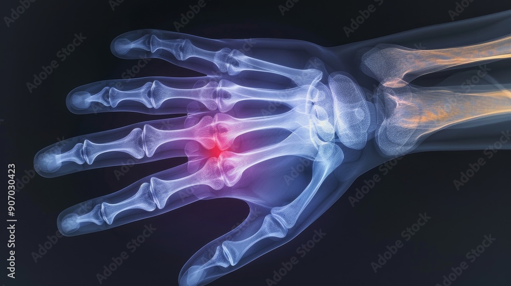 X-ray image of a human hand showing inflammation and pain in the middle ...