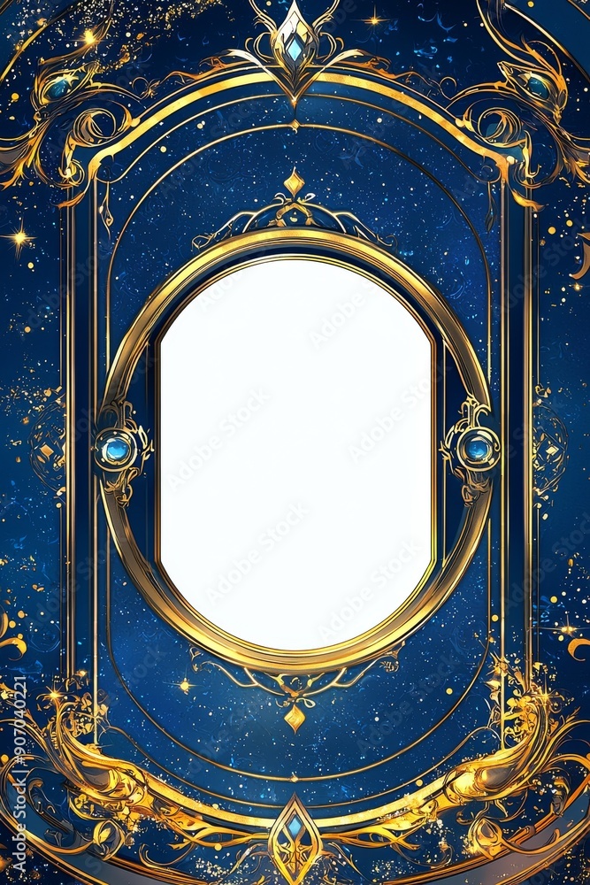 Blank anime game card template with ornate golden frame on a starry ...