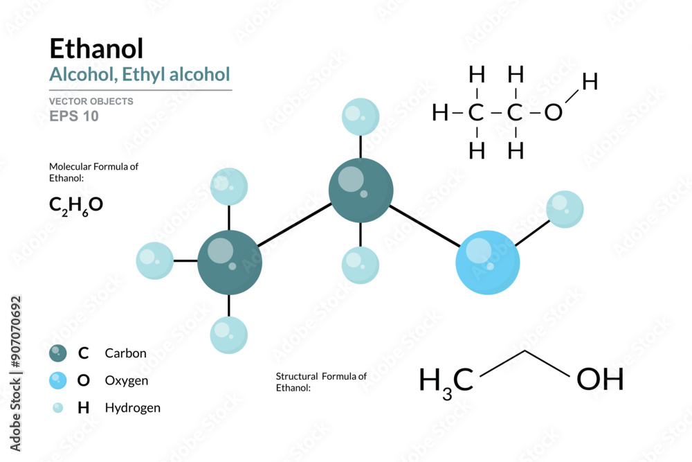 Ethanol. Ethyl Alcohol. Structural Chemical Formula and 3d Model of ...