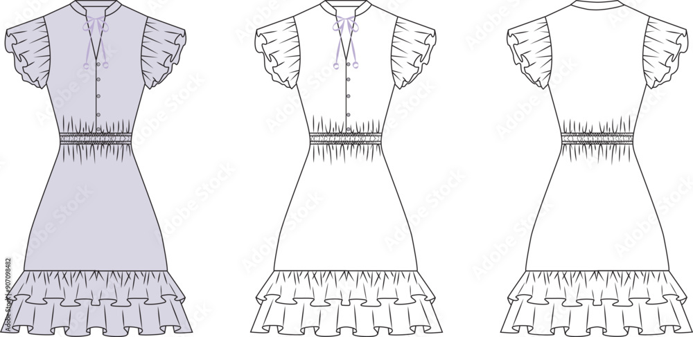 เวกเตอร์ Stock womens, girls frill arms dress sketch, kids stylish ...