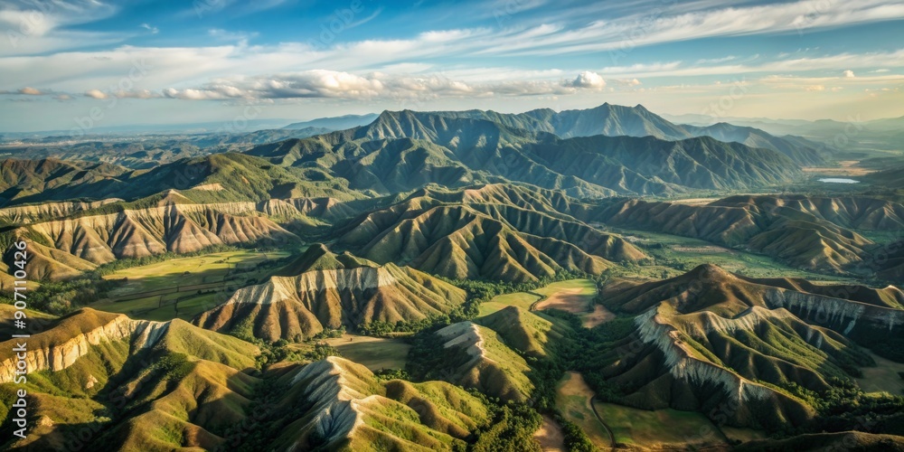 Aerial view of impressive mountain ranges formed over time through ...