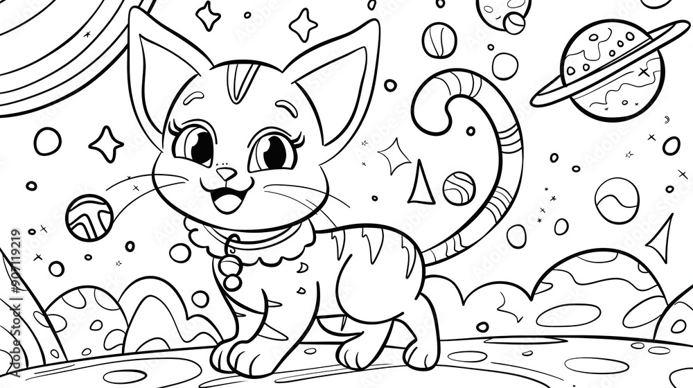 Cute Cartoon Cat Coloring Illustration Set in an Outer Space Fantasy ...